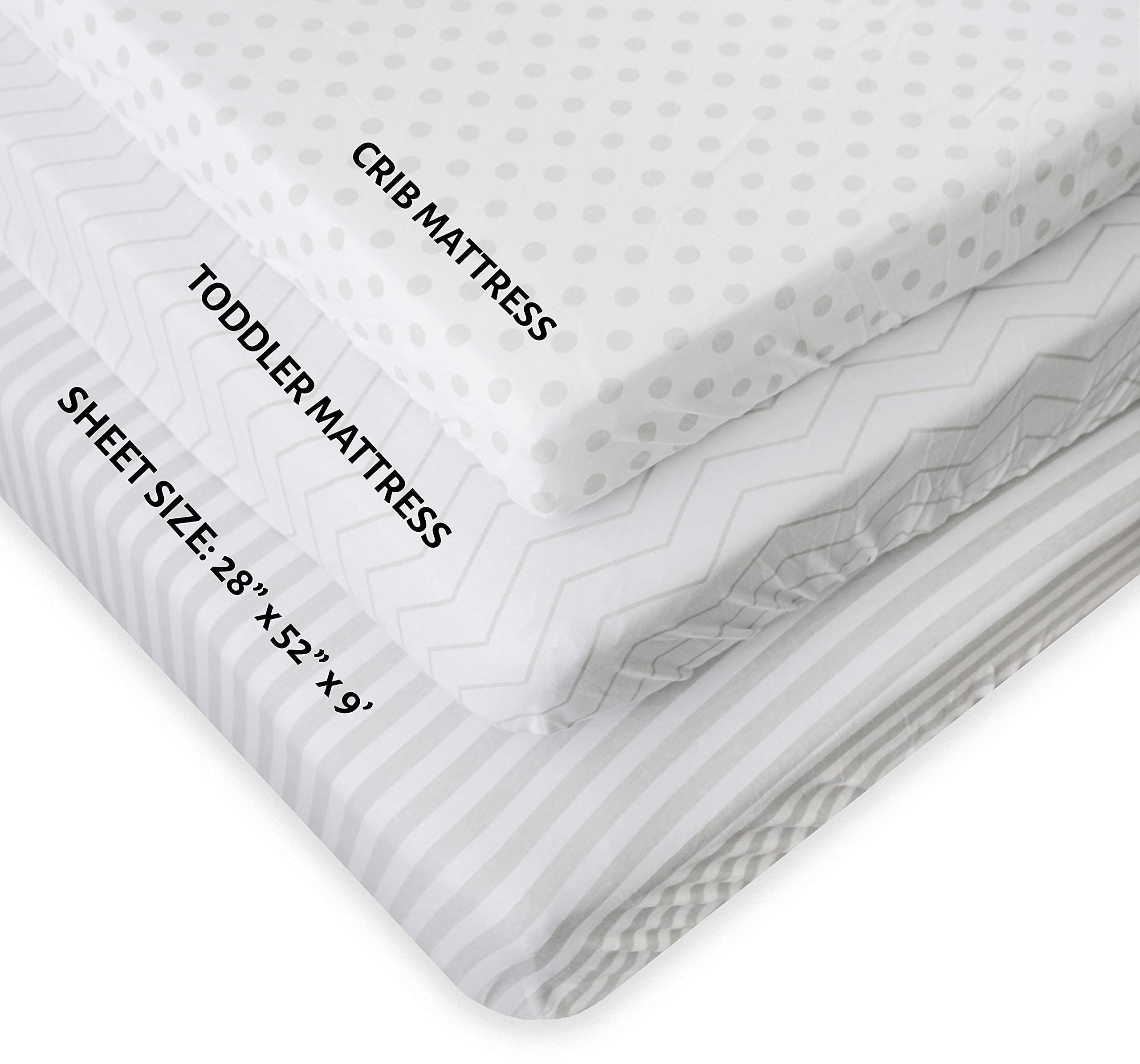 NODNAL CO. 3 Fitted Crib Sheets Gray Set - 100% OEKO-TEX Cotton for Baby Girl/Boy Nursery Bedding - Gender Neutral Chevron, Polka Dot & Stripe - Standard Baby or Toddler Crib Mattress 28”x52”x9” Sheet