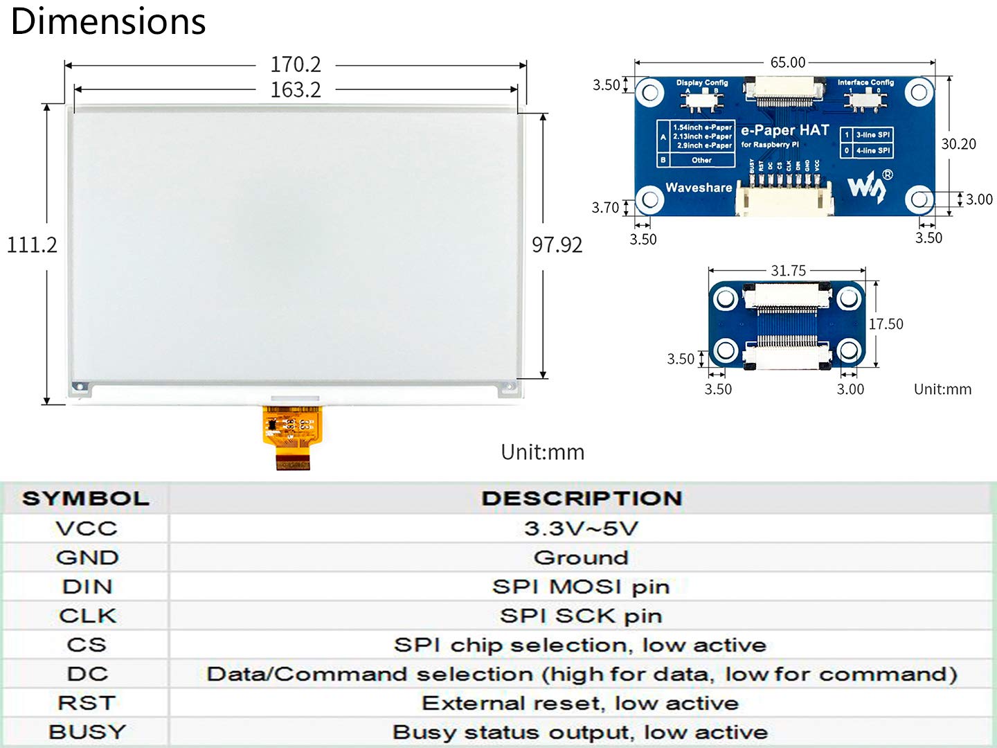 waveshare 7.5inch E-Ink Display HAT,800x480 Pixel Black,White Two-Color SPI Interface E-Paper Screen LCD for Raspberry Pi 4B/3B+/3B/2B/Zero/Zero W/Zero WH and Jetson Nano no/Ard/Nucleo