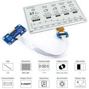 waveshare 7.5inch E-Ink Display HAT,800x480 Pixel Black,White Two-Color SPI Interface E-Paper Screen LCD for Raspberry Pi 4B/3B+/3B/2B/Zero/Zero W/Zero WH and Jetson Nano no/Ard/Nucleo