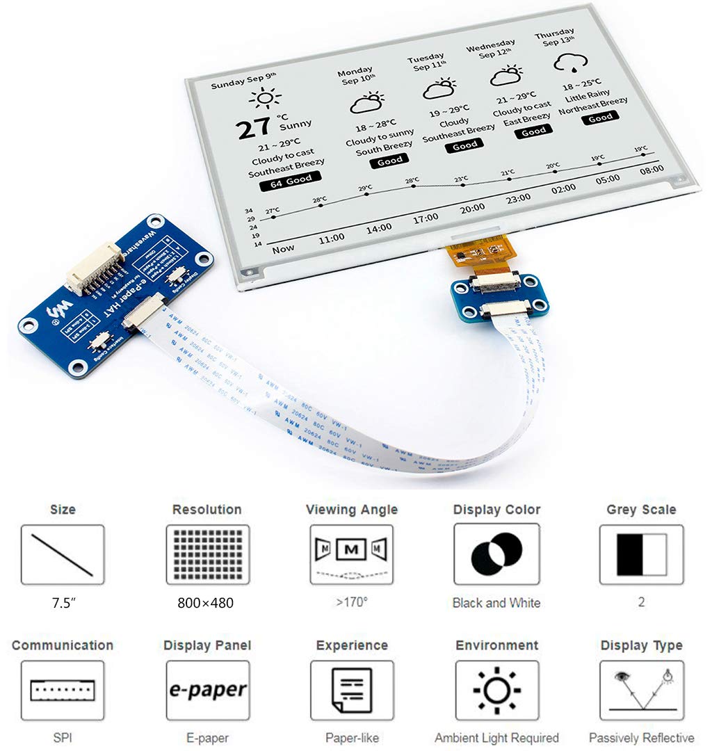 waveshare 7.5inch E-Ink Display HAT,800x480 Pixel Black,White Two-Color SPI Interface E-Paper Screen LCD for Raspberry Pi 4B/3B+/3B/2B/Zero/Zero W/Zero WH and Jetson Nano no/Ard/Nucleo