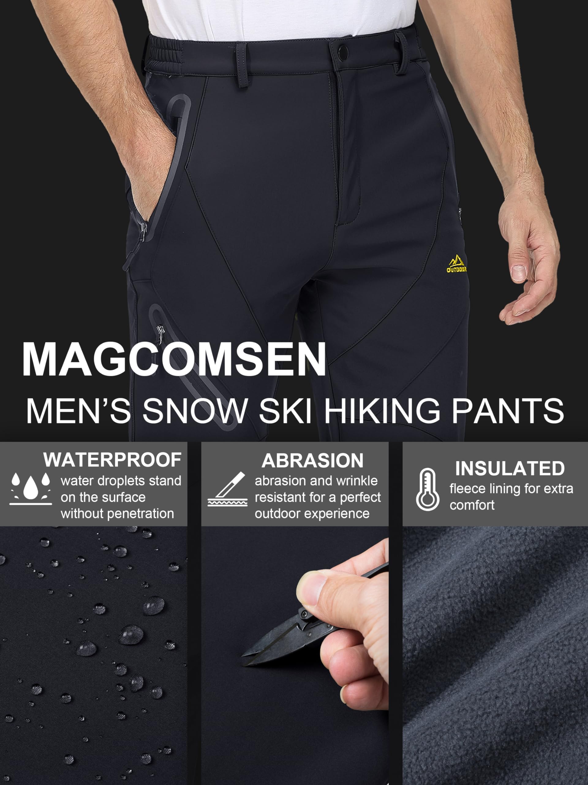 MAGCOMSEN Winter Pants Men Fleece Lined Pants Warm Pants Waterproof Pants Ski Pants Snow Pants Hiking Pants Tactical Pants Black