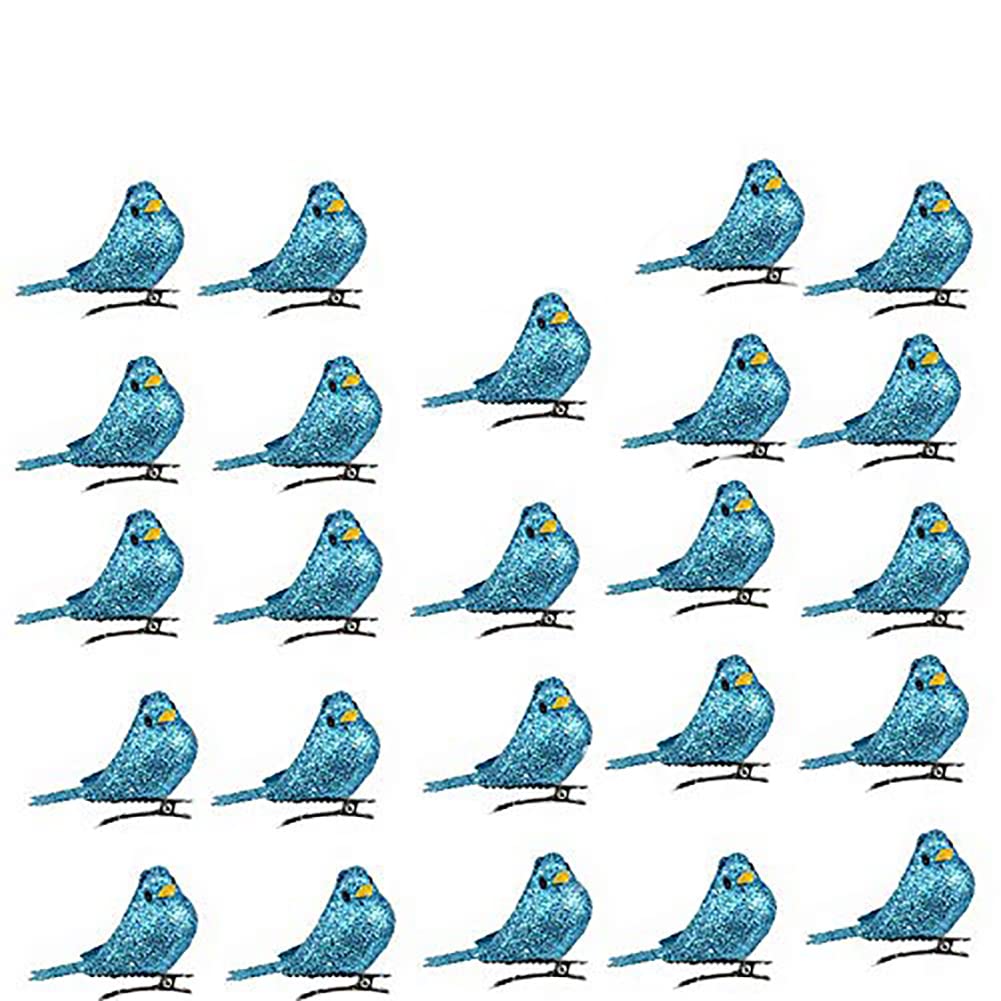 TRIEtree 24 Pcs Artificial Simulation Foam Bird Glitter Mini Birds Clip On Bird Ornaments Feather Mini Cute Birds DIY Craft for Christmas Tree Wedding Home Garden Decoration(Blue)