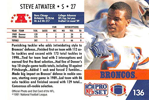 1991 Pro Set Football Card #136 Steve Atwater Denver Broncos Official NFL Trading Card