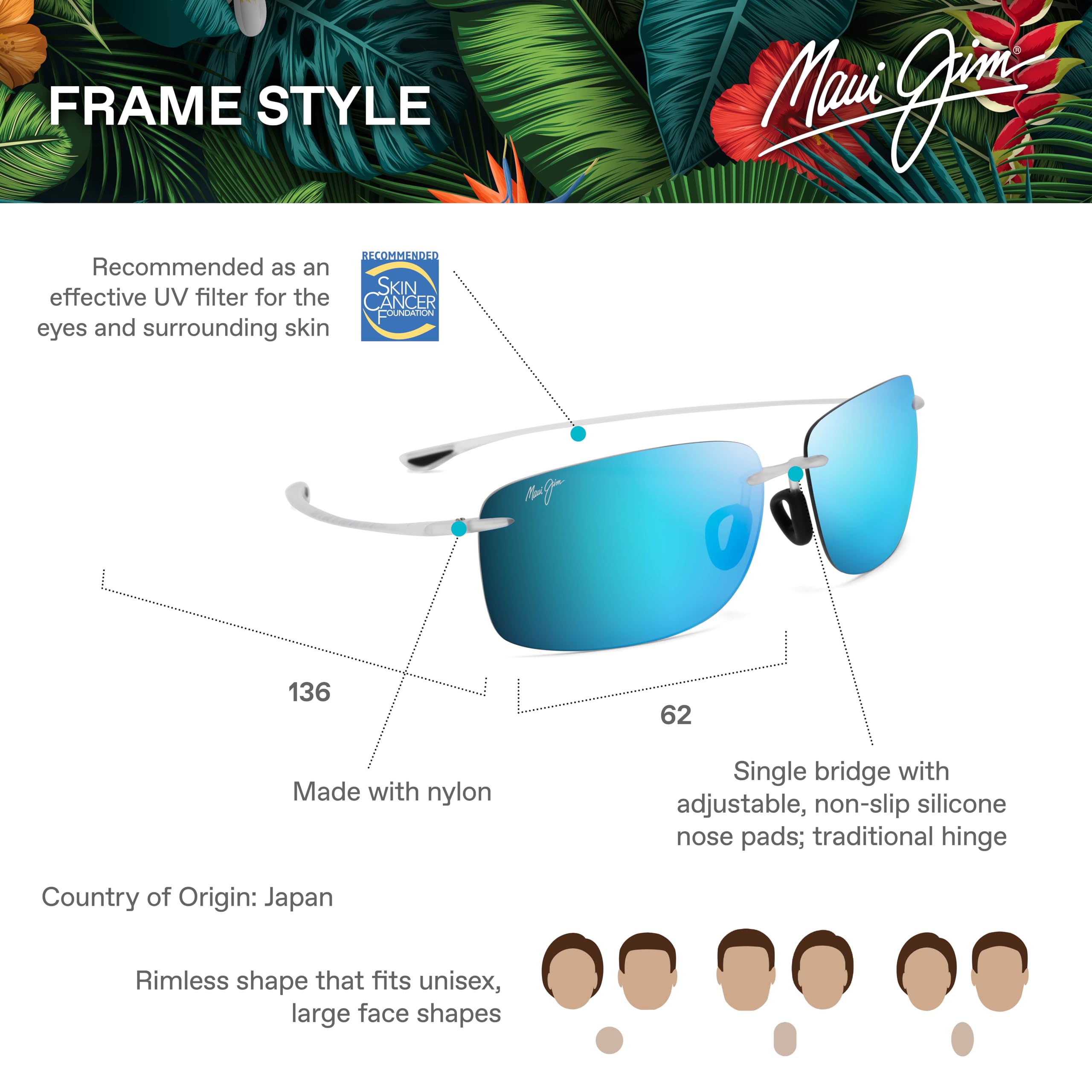 Maui Jim Men's and Women's Hema Polarized Rimless Sunglasses, Crystal Matte/Blue Hawaii, Large