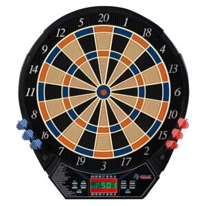 rally and roar 15.5" electronic dartboard w/built in scorer, 20 game modes and 6 soft tip darts