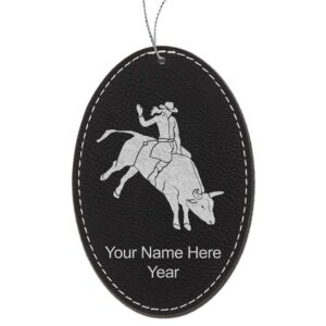 lasergram faux leather christmas ornament, bull rider cowgirl, personalized engraving included (black with silver, oval)