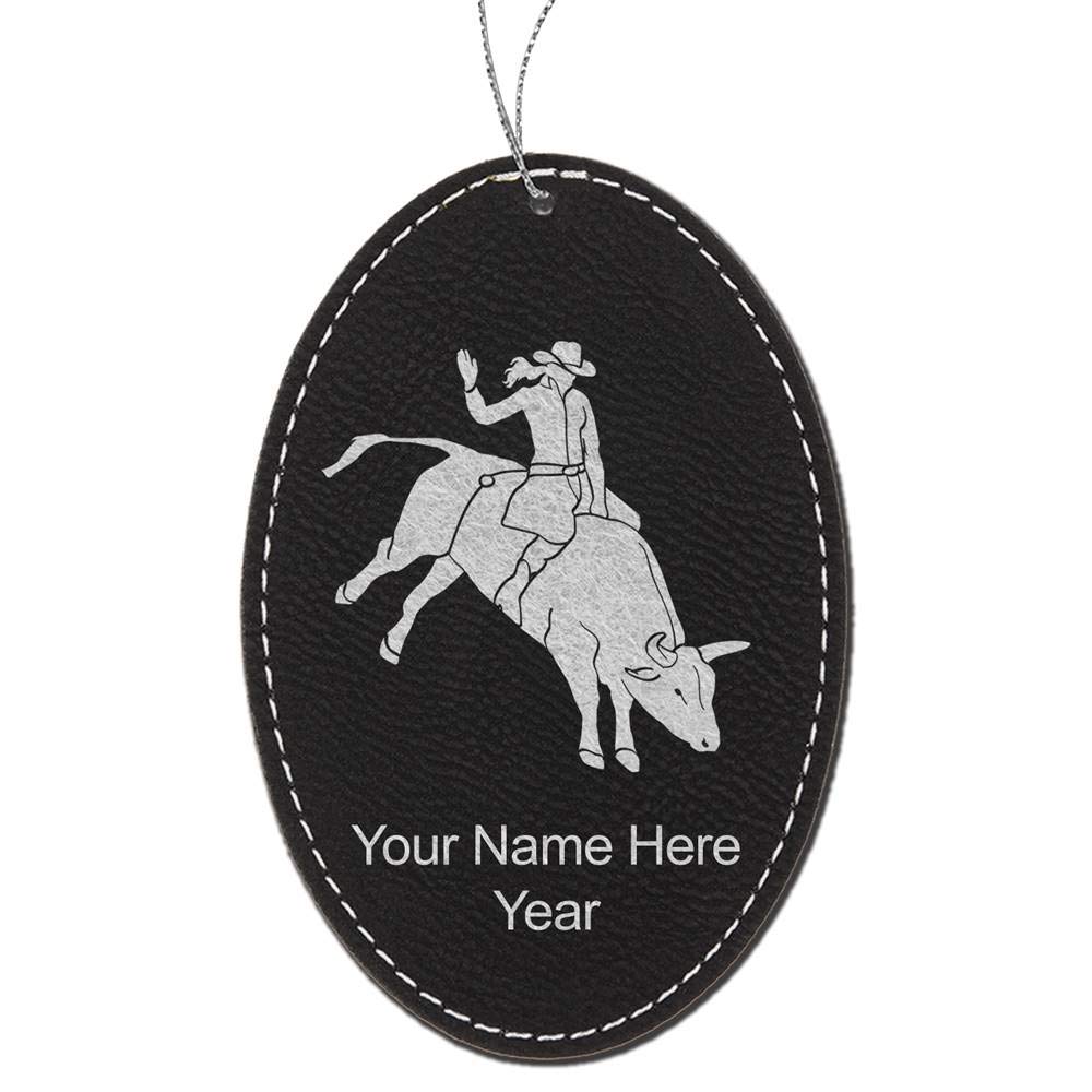 LaserGram Faux Leather Christmas Ornament, Bull Rider Cowgirl, Personalized Engraving Included (Black with Silver, Oval)