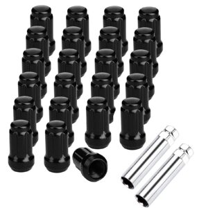 npauto wheel lug nuts 1/2'' x20 thread, conical bulge seat, closed end bulge acorn spline 1.38" tall 3/4" hex fit for wrangler, ford explorer f-150 mustang, impala, dodge dakota (pack of 23+2, black)