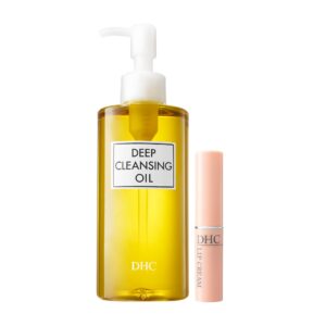 dhc deep cleansing oil and lip cream, facial cleansing oil, makeup remover, hydrating, moisturizing, soothing, set, fragrance and colorant free, ideal for all skin types, 6.7 fl. oz. and 0.05 oz.