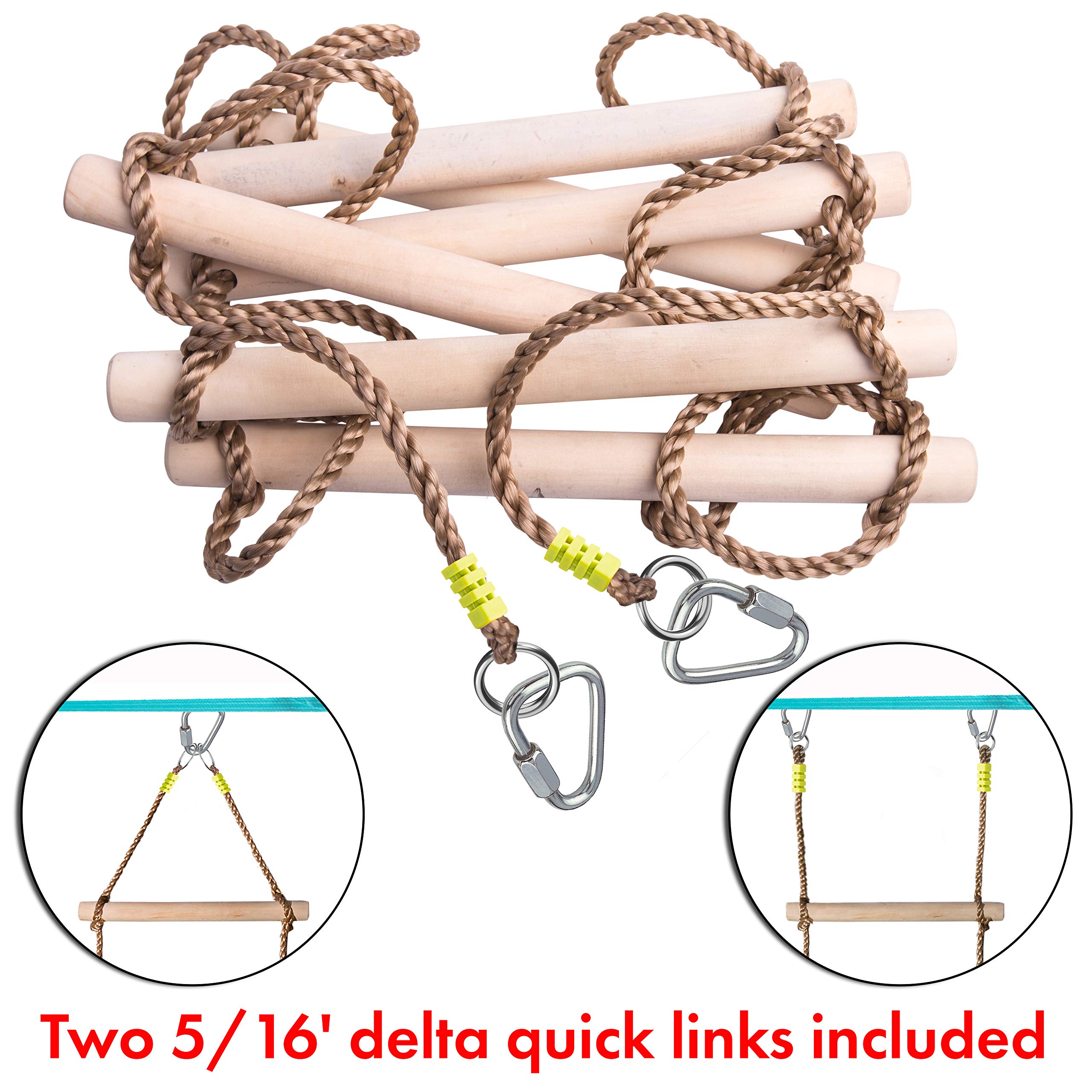 Wooden Rope Ladder for Kids with Ground anchoring - Lenght 6.5'(2m) Width 16"(40cm) - Outdoor or Indoor Climbing Rope Ladder for Ninja Slackline, Backyard, Playground, Home Gym, Park, Treehouse