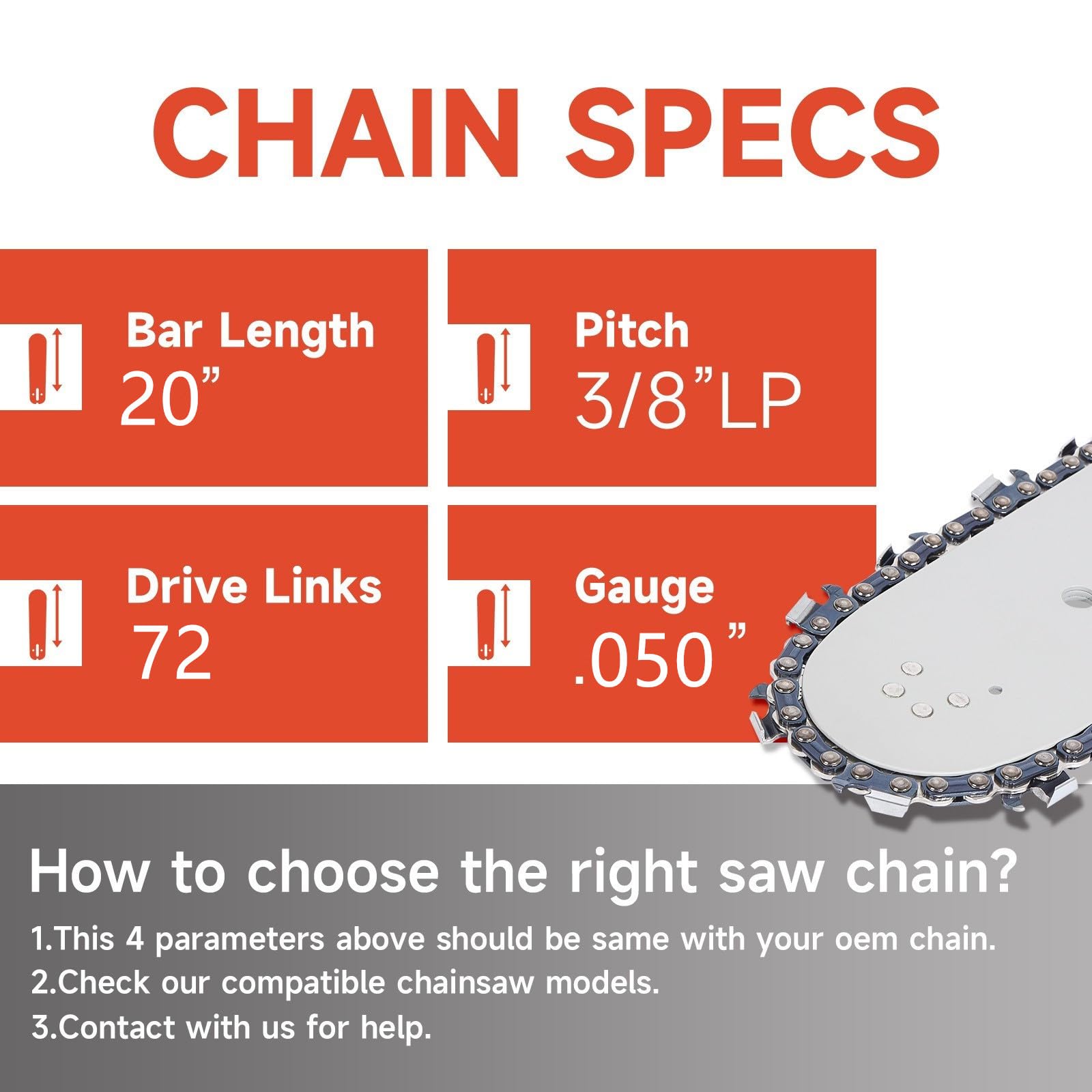 Dunhil 2-Pack 20 inch Chainsaw Chains 3/8" LP Pitch 050'' Gauge 72 Drive Links for Husqvarna 455 Rancher 455 pro 460 rancher 555, for Stihl 33rs 72 MS260 MS290 MS391