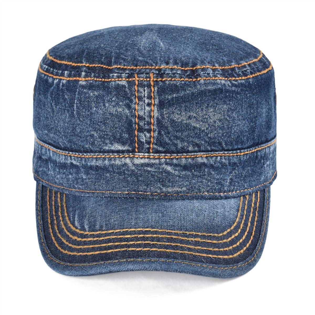 VOBOOM Washed Cotton Military Caps Cadet Army Caps Unique Design Vintage Flat Top Cap (Denim Dark Blue)