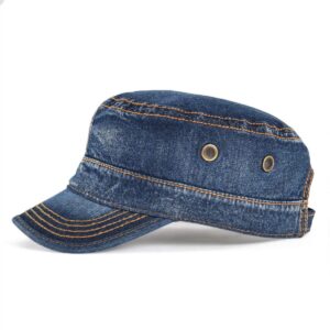 VOBOOM Washed Cotton Military Caps Cadet Army Caps Unique Design Vintage Flat Top Cap (Denim Dark Blue)