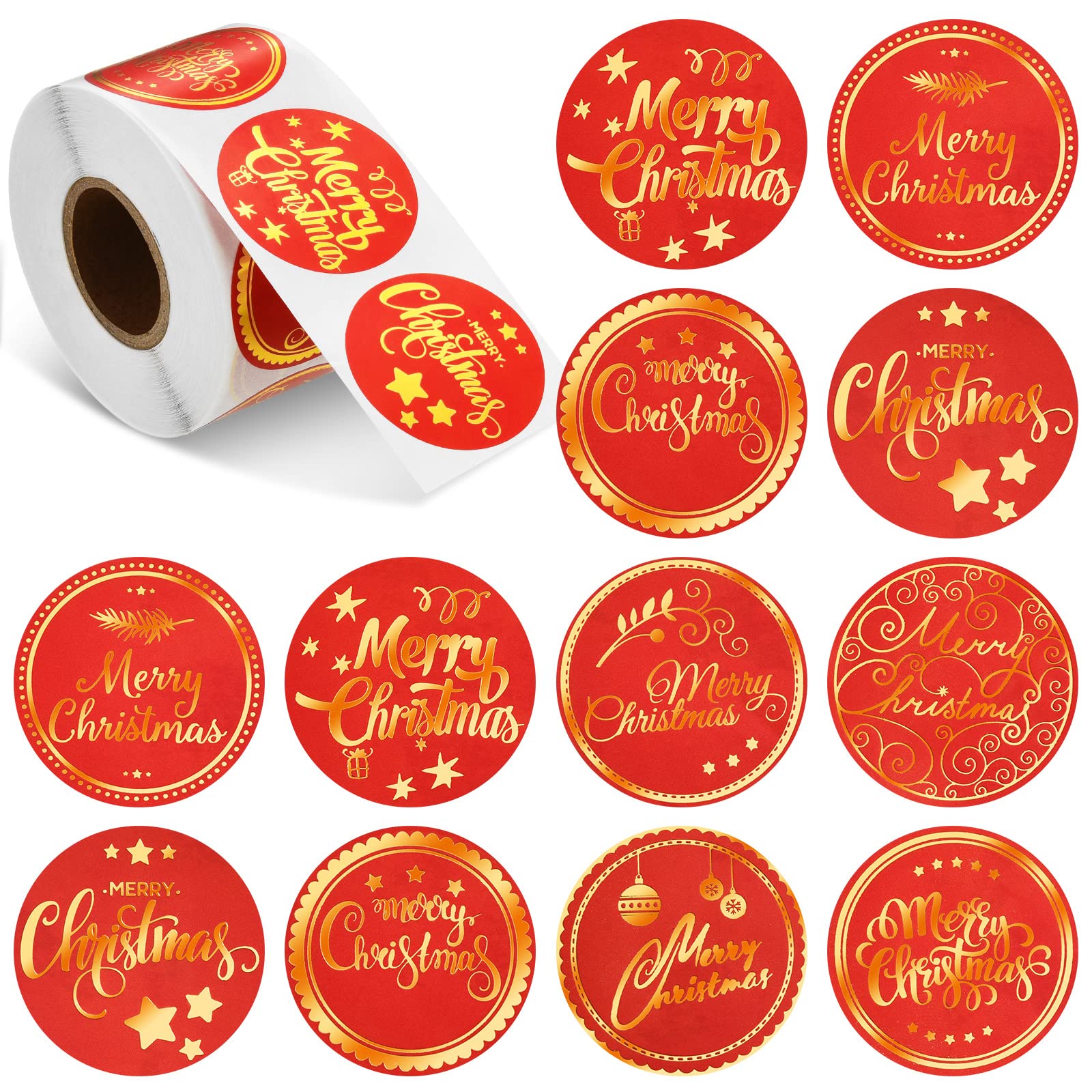 500 Pieces Outus Merry Christmas Stickers Labels Christmas Circle Label Envelope Seal Sticker 1.38In Adhesive Xmas Decor Supplies with Snowflake Christmas Elements for Envelope Bag (Red)