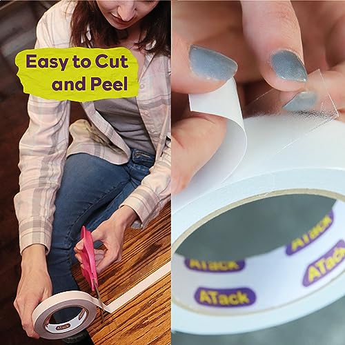 ATack Clear Double-Sided Tape, 2" x 15 Yards, Tear by Hand, Wall Safe Heavy-Duty Double Sides Self Sticky Wall Fabric Tape for Wood Templates, Furniture, Leather, Curtains and Craft