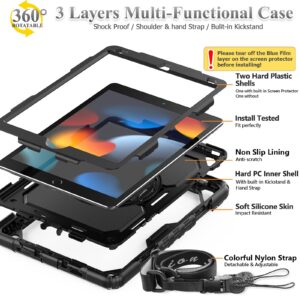 SEYMAC stock Case for iPad 9th/ 8th/ 7th Generation 10.2'', Shockproof Case with Screen Protector Pencil Holder [360° Rotating Hand Strap] &Stand, Case for iPad 10.2 inch 2021-2019 (Black)