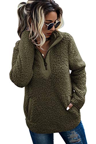 AQOTHES Womens Loose Casual Zipper Sherpa Fleece Pockets Pullover Sweatshirt for Women Army Green