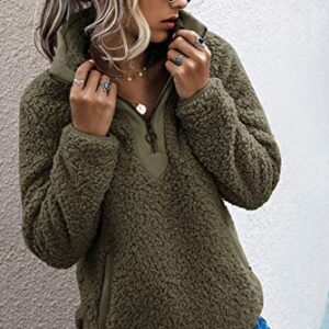 AQOTHES Womens Loose Casual Zipper Sherpa Fleece Pockets Pullover Sweatshirt for Women Army Green