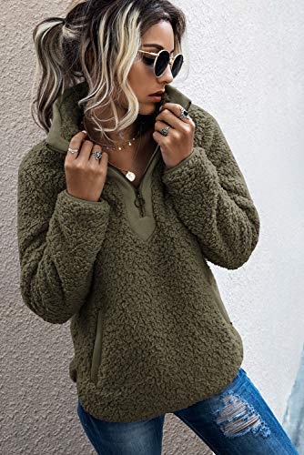 AQOTHES Womens Loose Casual Zipper Sherpa Fleece Pockets Pullover Sweatshirt for Women Army Green