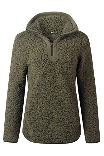 AQOTHES Womens Loose Casual Zipper Sherpa Fleece Pockets Pullover Sweatshirt for Women Army Green