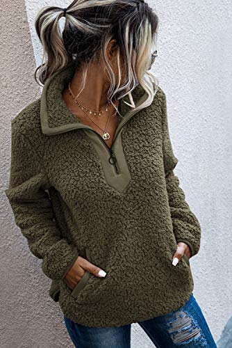 AQOTHES Womens Loose Casual Zipper Sherpa Fleece Pockets Pullover Sweatshirt for Women Army Green