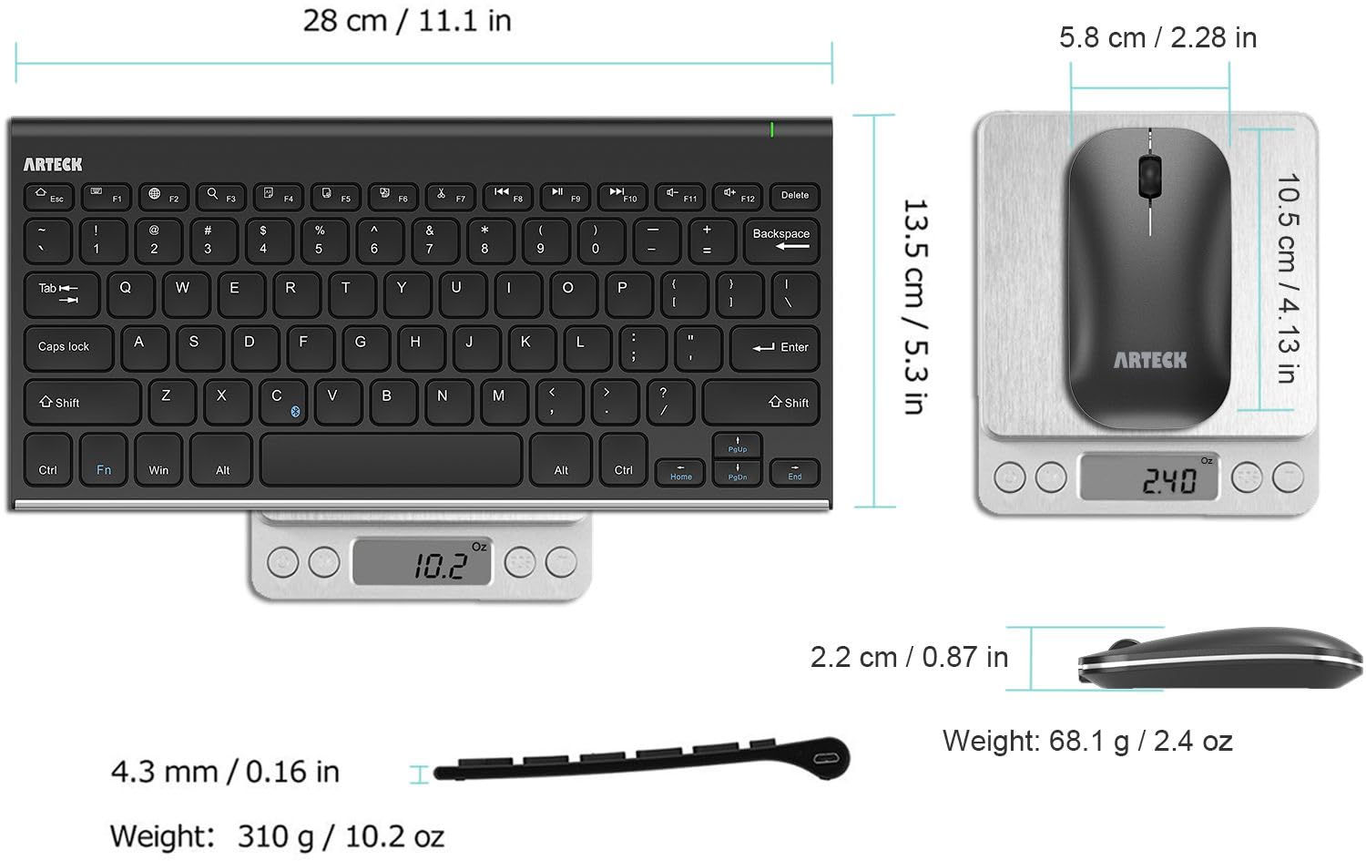 Arteck Bluetooth Keyboard and Mouse Combo Ultra Compact Slim Stainless Full Size Keyboard and Ergonomic Mice for Computer/Desktop/PC/Laptop/Surface and Windows 10/8/7 Built in Rechargeable Battery