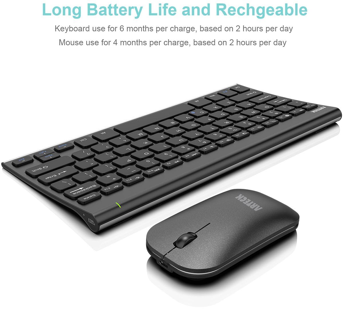 Arteck Bluetooth Keyboard and Mouse Combo Ultra Compact Slim Stainless Full Size Keyboard and Ergonomic Mice for Computer/Desktop/PC/Laptop/Surface and Windows 10/8/7 Built in Rechargeable Battery