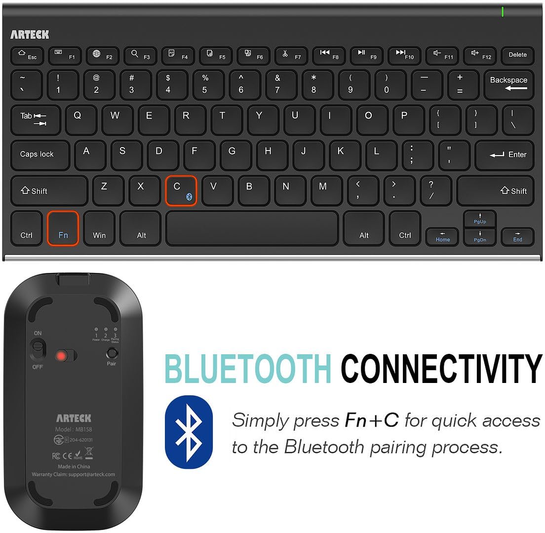 Arteck Bluetooth Keyboard and Mouse Combo Ultra Compact Slim Stainless Full Size Keyboard and Ergonomic Mice for Computer/Desktop/PC/Laptop/Surface and Windows 10/8/7 Built in Rechargeable Battery