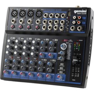 gemini sound gem-12usb | 12-channel professional bluetooth audio mixer with on-board multi-fx, usb mp3 playback, and high-quality preamps for dynamic live sound mixing