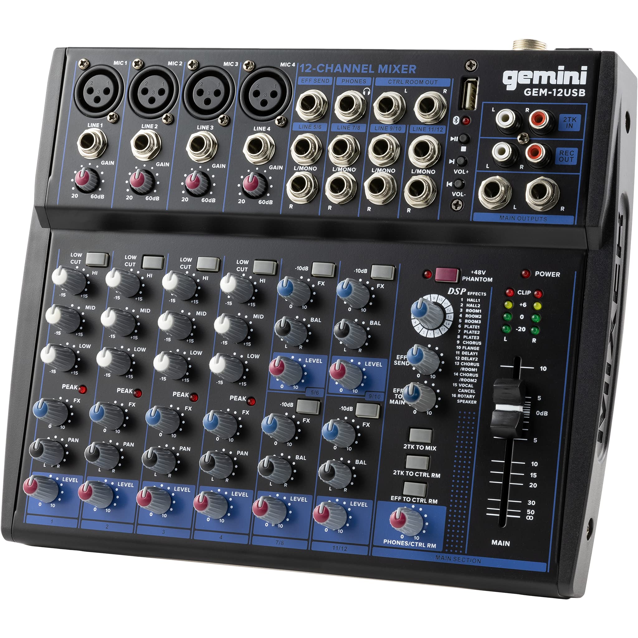 Gemini Sound GEM-12USB | 12-Channel Professional Bluetooth Audio Mixer with On-Board Multi-FX, USB MP3 Playback, and High-Quality Preamps for Dynamic Live Sound Mixing