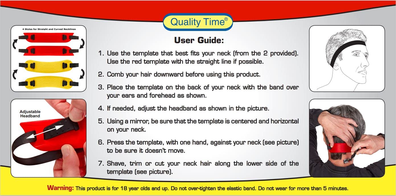 Quality Time Neck Hair Guide Premium, 2 Different Neckline Templates with All 4 Neck Hairline Styles; A Premium Adjustable Stencil for Haircut, Do It Yourself, Made in USA