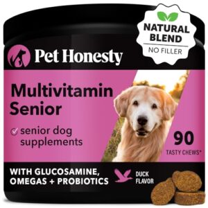 pet honesty senior dog multivitamin - essential dog vitamins and supplements - glucosamine, probiotics, omega fish oil for dogs health & heart- dogs vitamins health supplies (duck 90 ct)