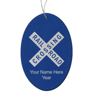 lasergram faux leather christmas ornament, railroad crossing sign 1, personalized engraving included (dark blue, oval)