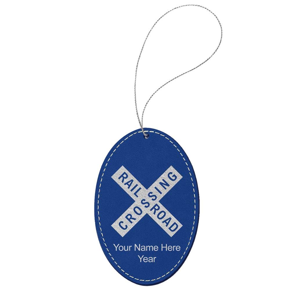 LaserGram Faux Leather Christmas Ornament, Railroad Crossing Sign 1, Personalized Engraving Included (Dark Blue, Oval)