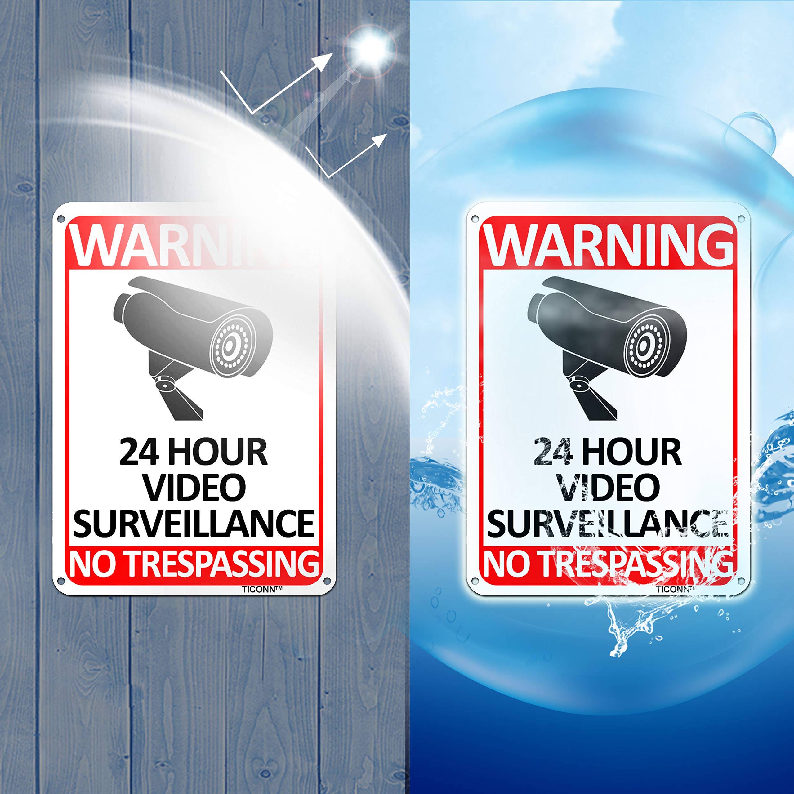 TICONN 4-Pack 24 Hour Video Surveillance Sign, No Trespassing Aluminum Warning Sign, 10’’x7’’ for CCTV Security Camera - Reflective, UV Protected