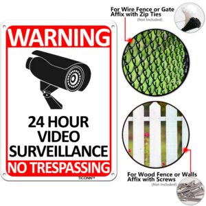 TICONN 4-Pack 24 Hour Video Surveillance Sign, No Trespassing Aluminum Warning Sign, 10’’x7’’ for CCTV Security Camera - Reflective, UV Protected