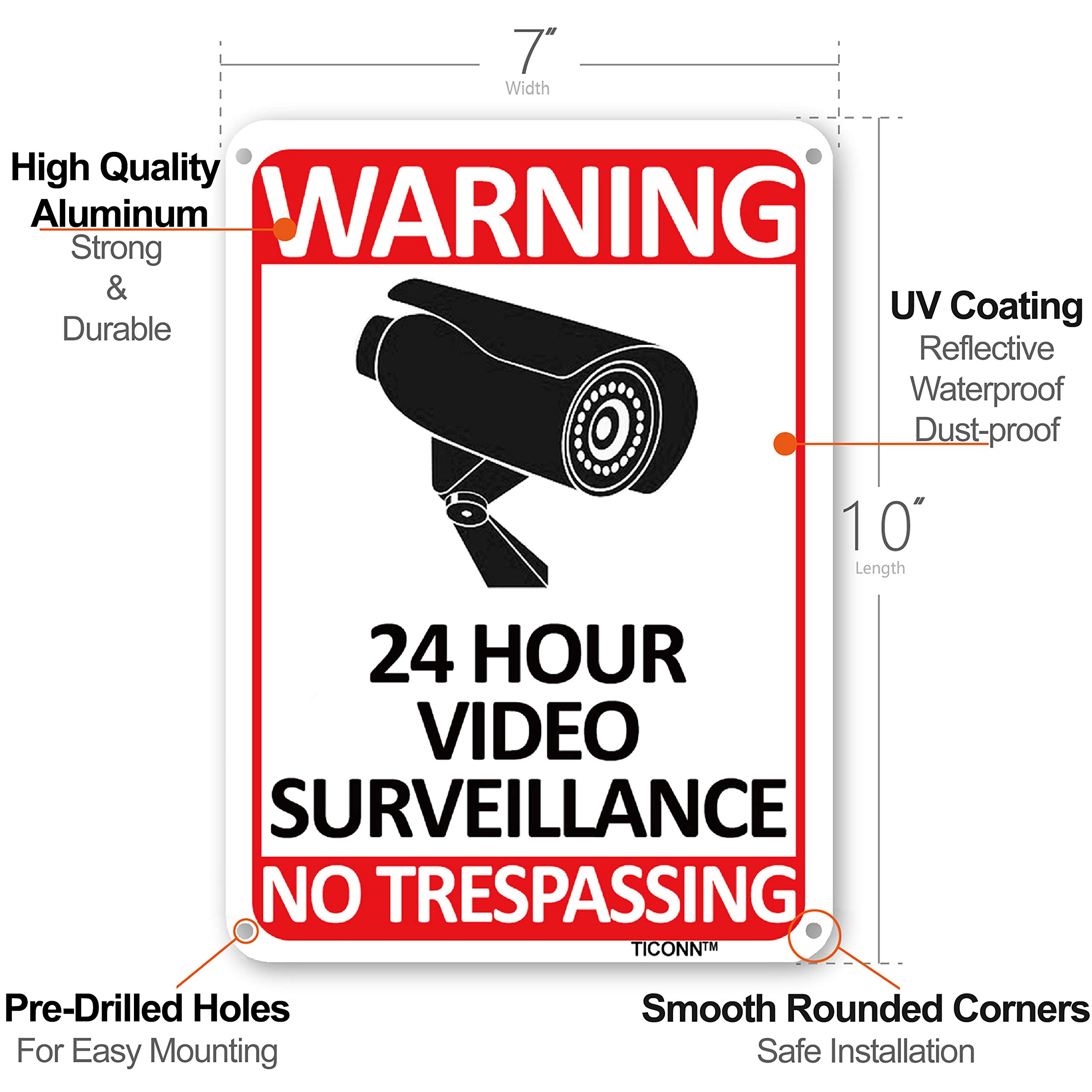 TICONN 4-Pack 24 Hour Video Surveillance Sign, No Trespassing Aluminum Warning Sign, 10’’x7’’ for CCTV Security Camera - Reflective, UV Protected