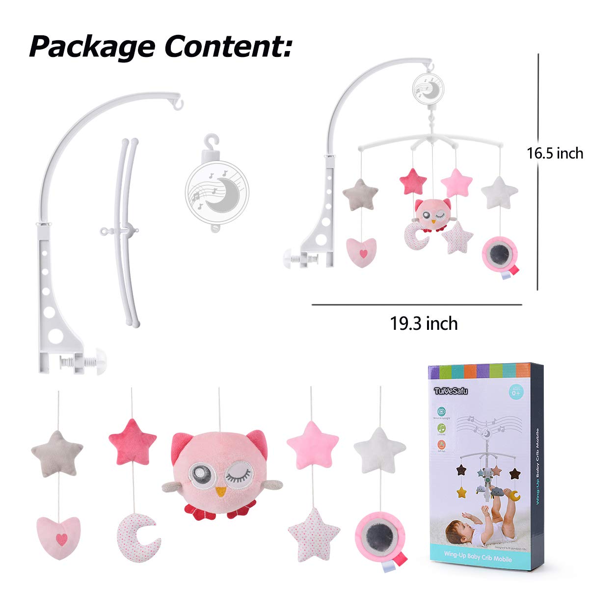 TuiVeSafu Baby Musical Crib Mobile with Hanging Rotating Plush Pink Owl Pendant Toys, Winding Drive Music Box, Infant Bed Decoration for Newborn Boys and Girls