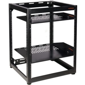 echogear 15u open frame rack for servers & av gear - wall mountable design includes 2x vented shelves, 25x rack mounting screws, 4x leveling feet, 4x shelf stops, & 2x securement straps