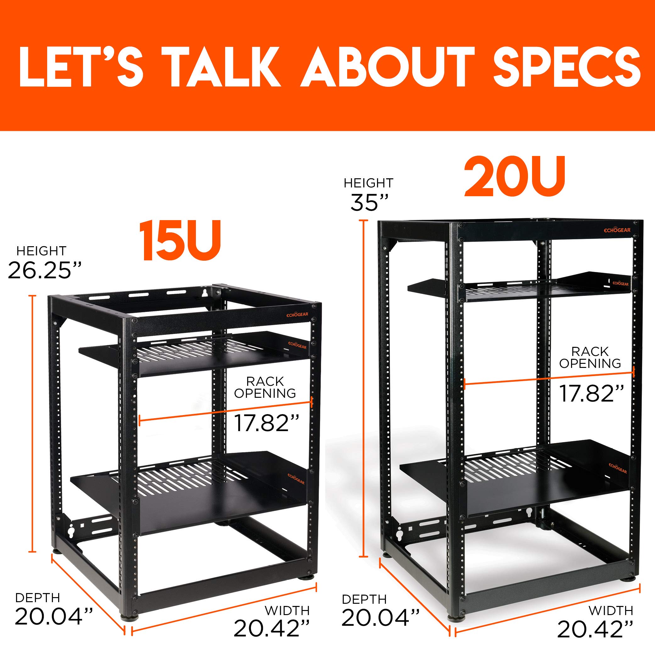 ECHOGEAR 15U Open Frame Rack for Servers & AV Gear - Wall Mountable Design Includes 2X Vented Shelves, 25x Rack Mounting Screws, 4X Leveling Feet, 4X Shelf Stops, & 2X Securement Straps