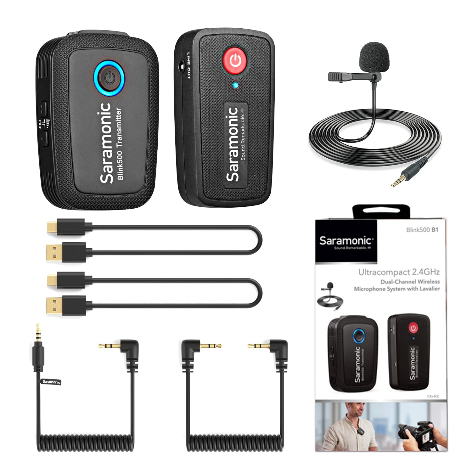 Saramonic Blink500 B1 Ultracompact 2.4GHz Dual-Channel Wireless Microphone System TX+RX for DSLR Mirrorless Camera iPhone Android for Tiktok Podcast Facebook Live YouTube Video Recording