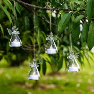 Pack of 20 Hanging Glass Candle Holders Angel Candleholders with Led Tealight Candle Inside Votive Decoration for Wedding Party Restaurant Hotel Garden Decoration,(18+2 Pcs)