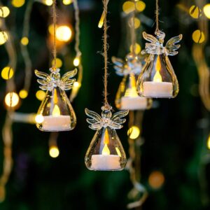 Pack of 20 Hanging Glass Candle Holders Angel Candleholders with Led Tealight Candle Inside Votive Decoration for Wedding Party Restaurant Hotel Garden Decoration,(18+2 Pcs)