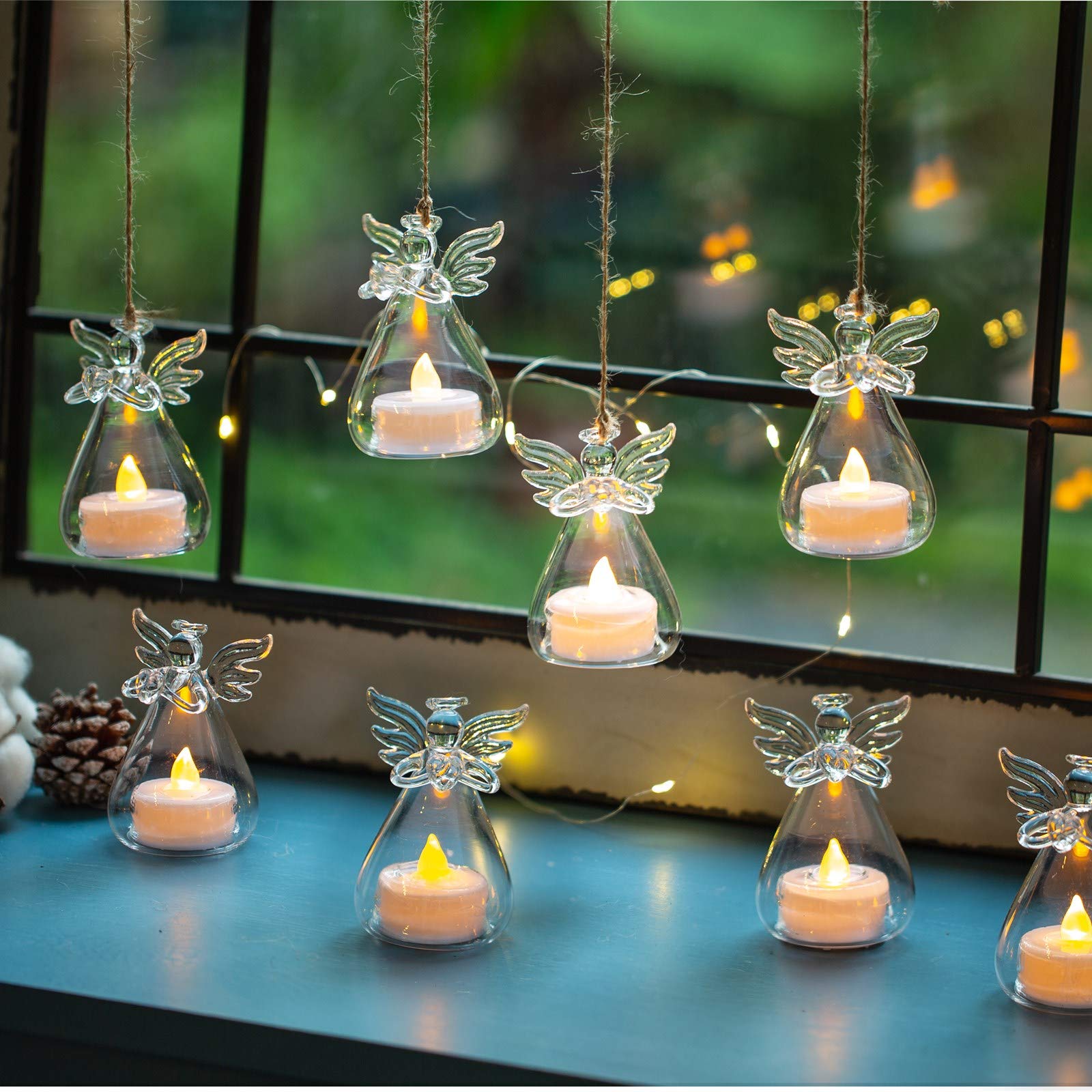 Pack of 20 Hanging Glass Candle Holders Angel Candleholders with Led Tealight Candle Inside Votive Decoration for Wedding Party Restaurant Hotel Garden Decoration,(18+2 Pcs)