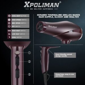 Xpoliman 2000 Watt Hair Dryer, Negative Ionic Blow Dryer with Diffuser Concentrator Comb, 2 Speed 3 Heat Settings, Low Noise Long Life Style-Brown/Purple