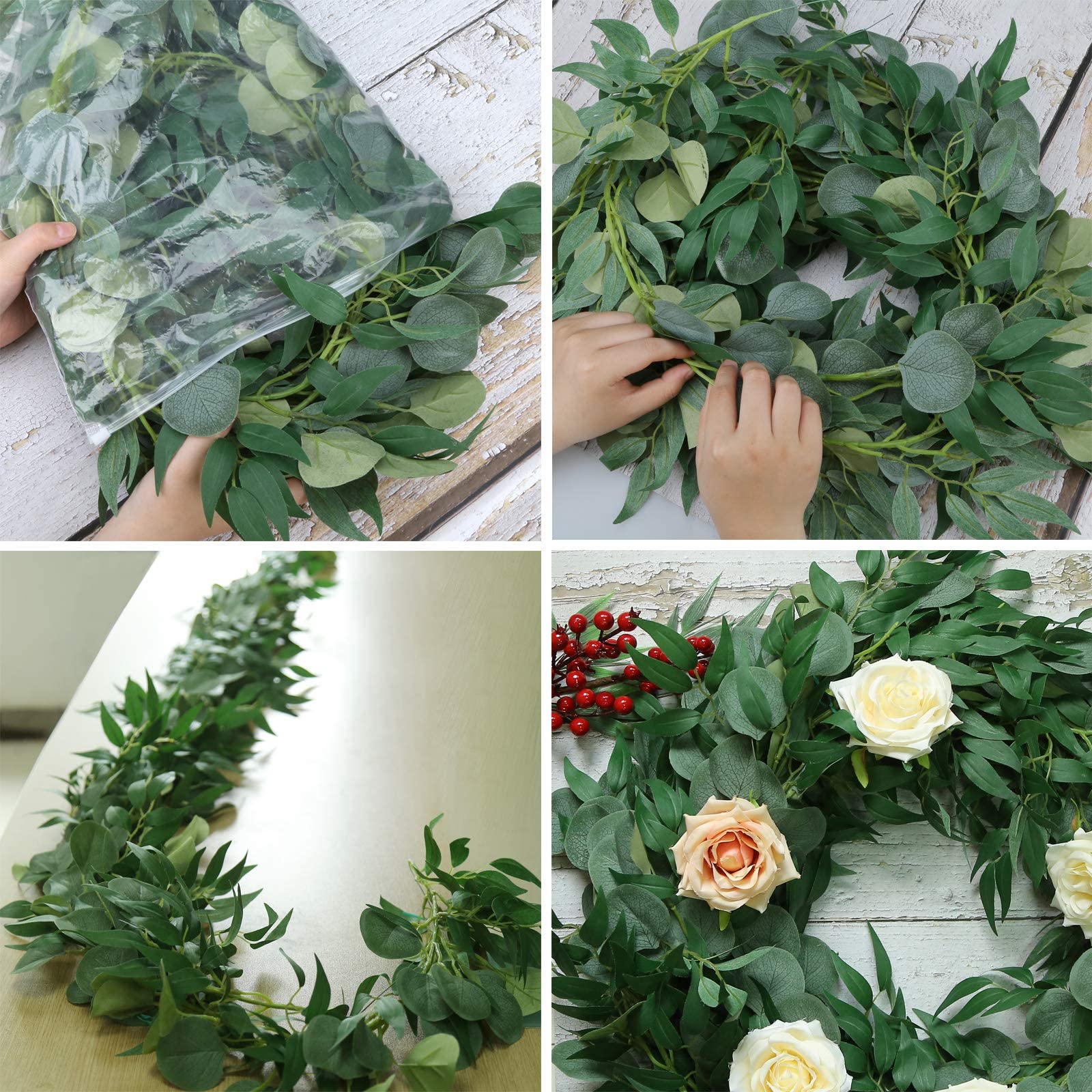 Trimgrace 2 Pack 6.5 Feet Artificial Eucalyptus Garland with Willow Leaves Faux Greenery Garland for Wedding Party Home Table Runner Arch Decor