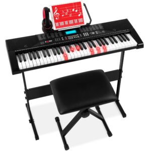 best choice products 61-key beginners complete electronic keyboard piano set w/lighted keys, lcd screen, headphones, stand, bench, teaching modes, note stickers, built-in speakers - black