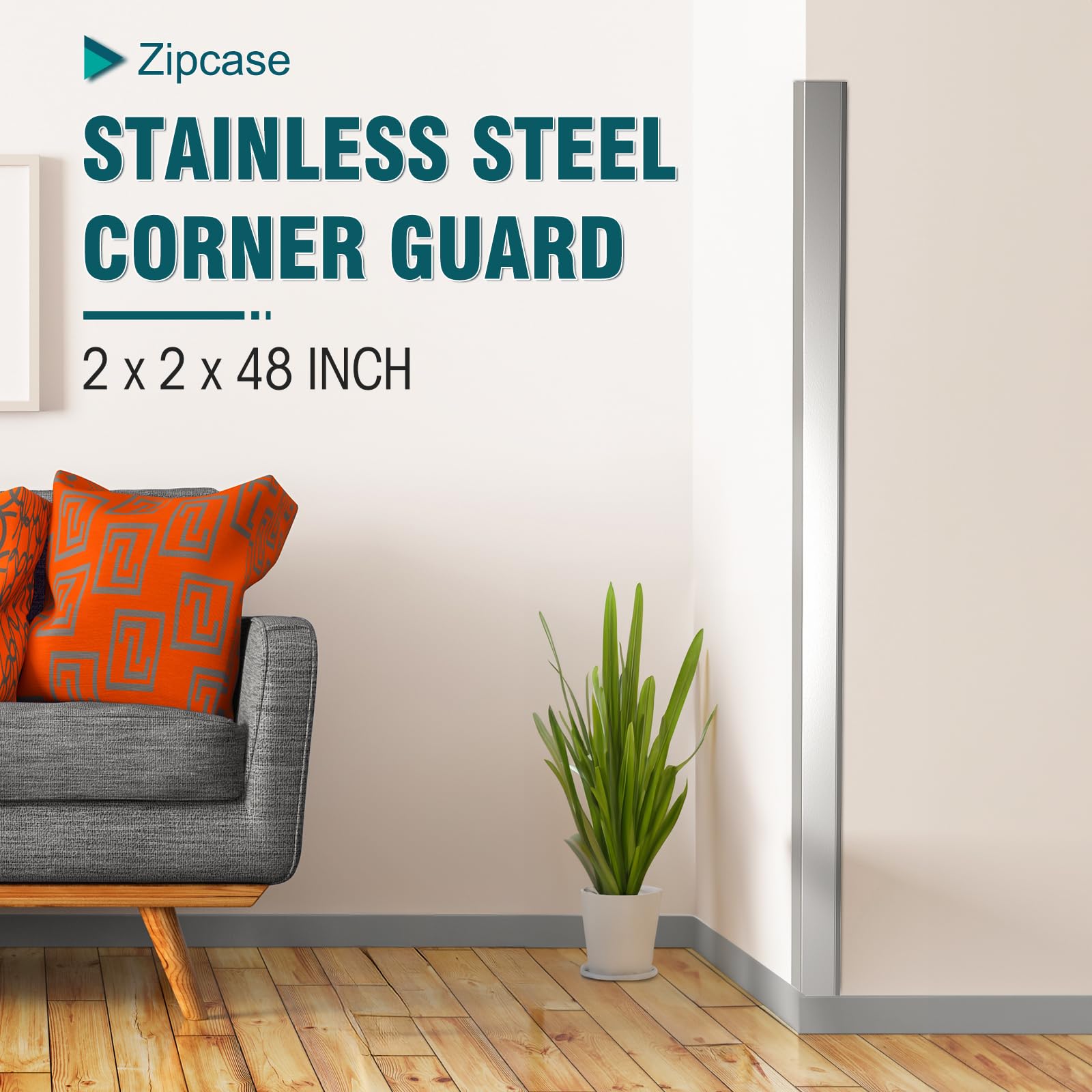 Zipcase Stainless Steel Wall Corner Guard 2 x 2 x 48 inch, Pack of 10 Metal Wall Corner Protector with 90-Degree Angle for Wall Protection and Decoration.