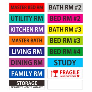 640 pcs removable home moving labels 15 pre-printed color-coded plus 1 customizable blank (each measures 4" x 1")