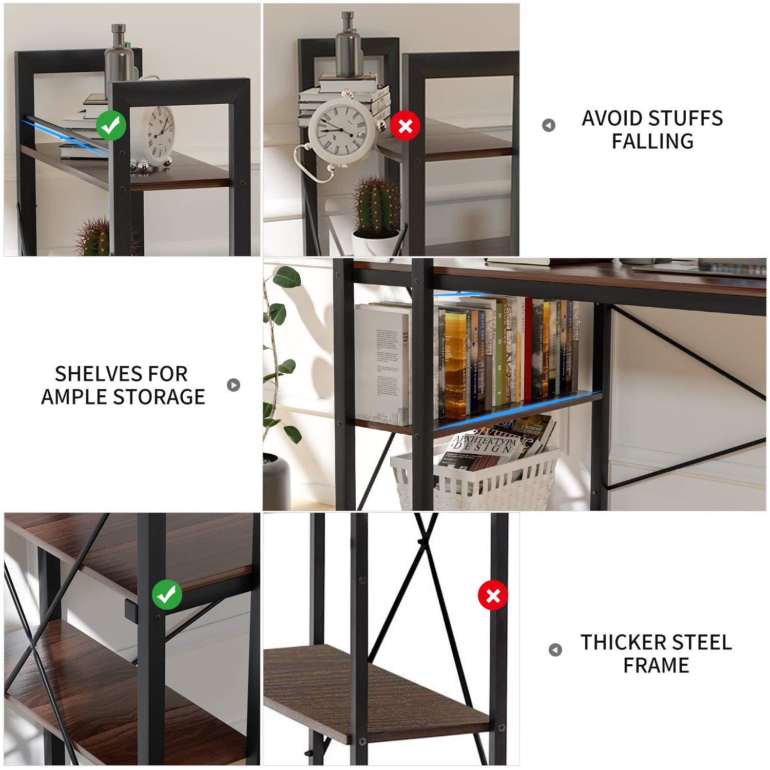 VADIM Computer Desk with Shelves, Modern Office Desk with 4-Tier Shelf, Durable Working Desk for Home, Bedroom, Office, Sturdy Writing Table with Storage Bookshelf, 47 Inches, Walnut